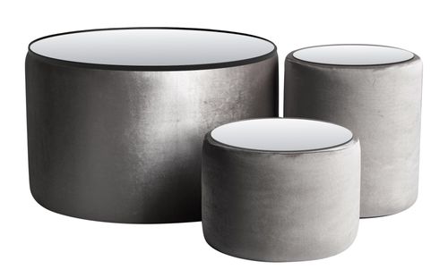 NORMAN TABLES, set of 3 round poufs with mirrored tops, ash-grey #344