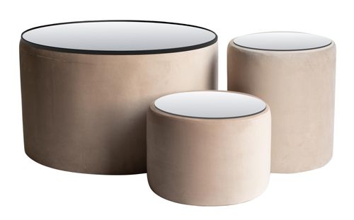 NORMAN TABLES, set of 3 round poufs with mirrored tops, beige #403