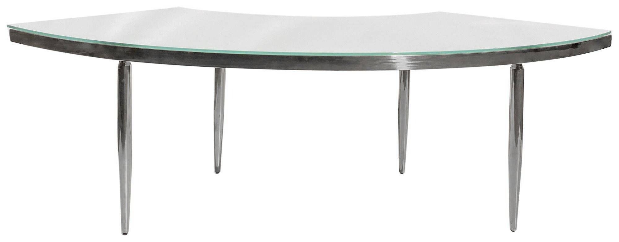 Silver event table with white glass top – modern serpentine table rental